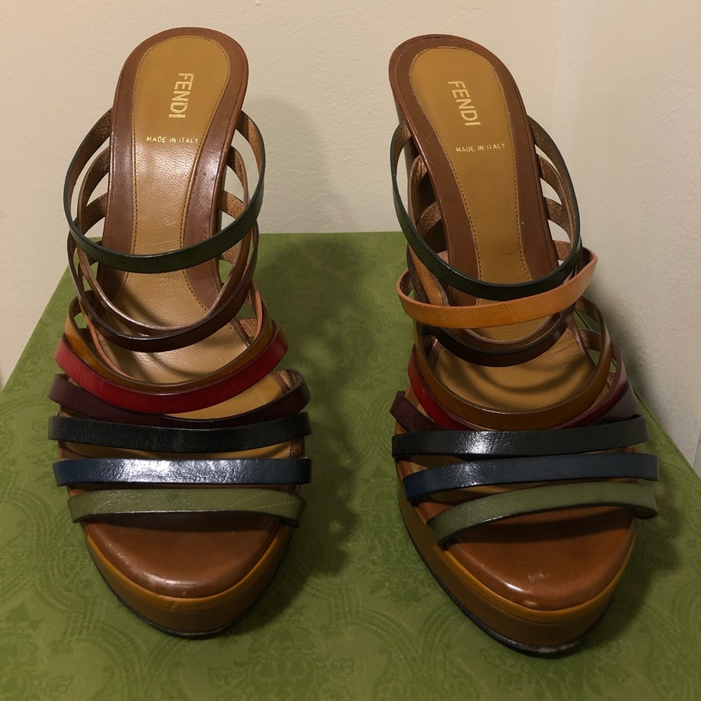 Fendi Brown Colorful Strappy Platform Sandal Mules He… - Gem